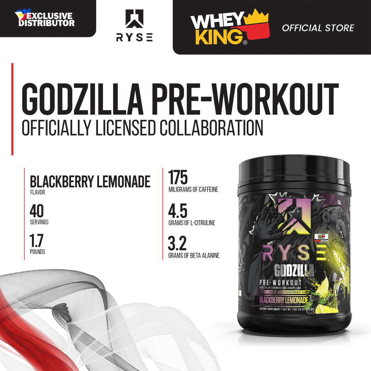 RYSE Godzilla PreWorkout I 40 Servings (𝐄𝐓𝐀: 𝐎𝐂𝐓𝐎𝐁𝐄𝐑 𝟐𝟎𝟐𝟒) — Whey King ...